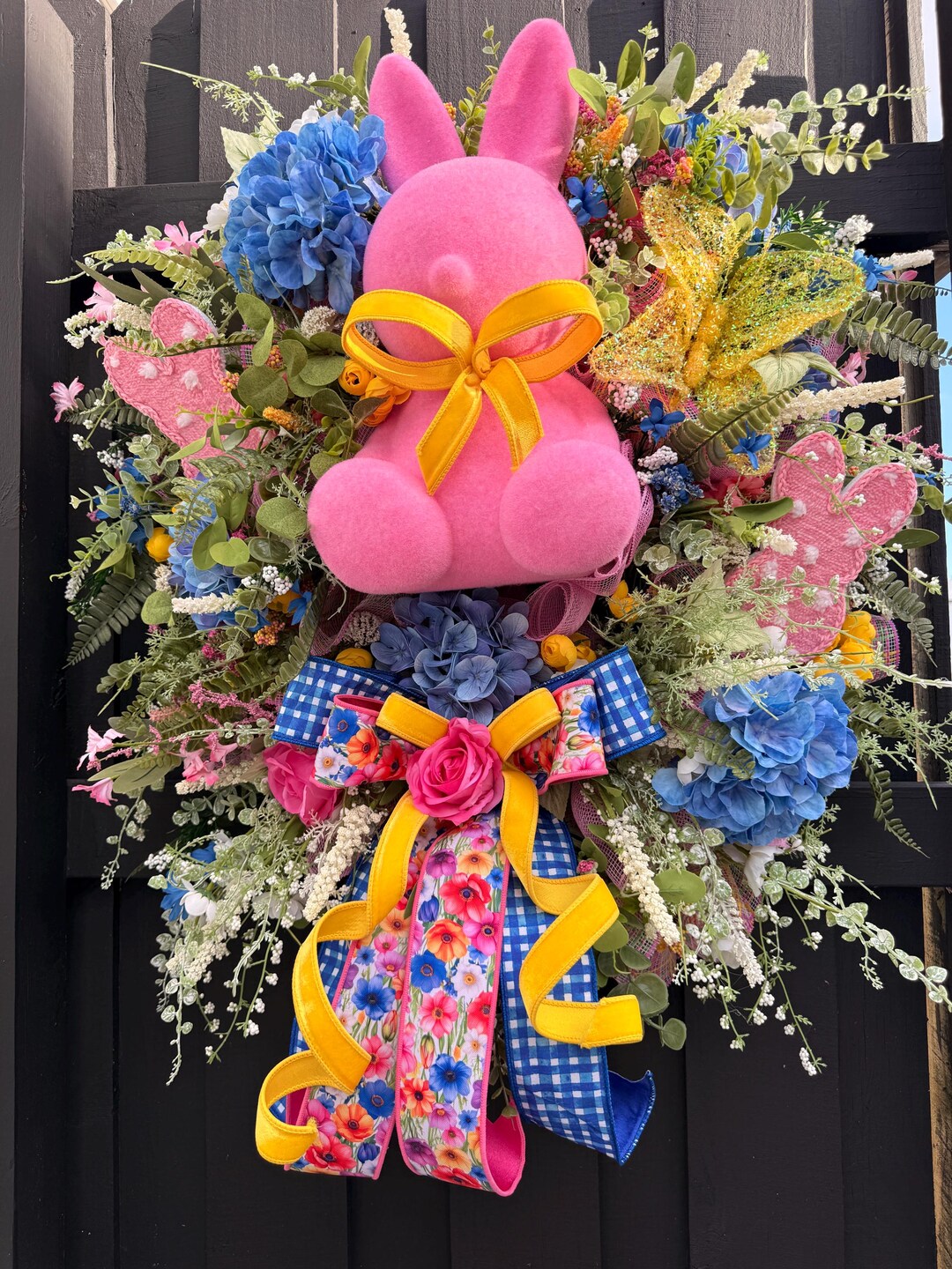 Pink Bunny Wreath, Easter Bunny Front Door Decor, Whimsical Spring ...