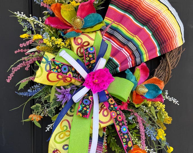 Fiesta Wreath With Mexican Serape, Ribbon Flowers & Bright Florals ...