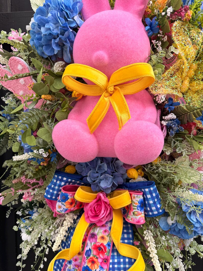 Pink Bunny Wreath, Easter Bunny Front Door Decor, Whimsical Spring ...