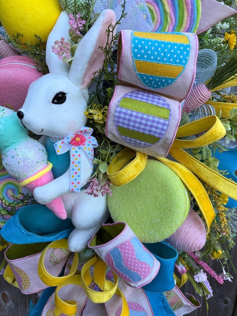Easter Bunny Wreath, Pastel Easter Front Door Decor, Whimsical Bunny ...