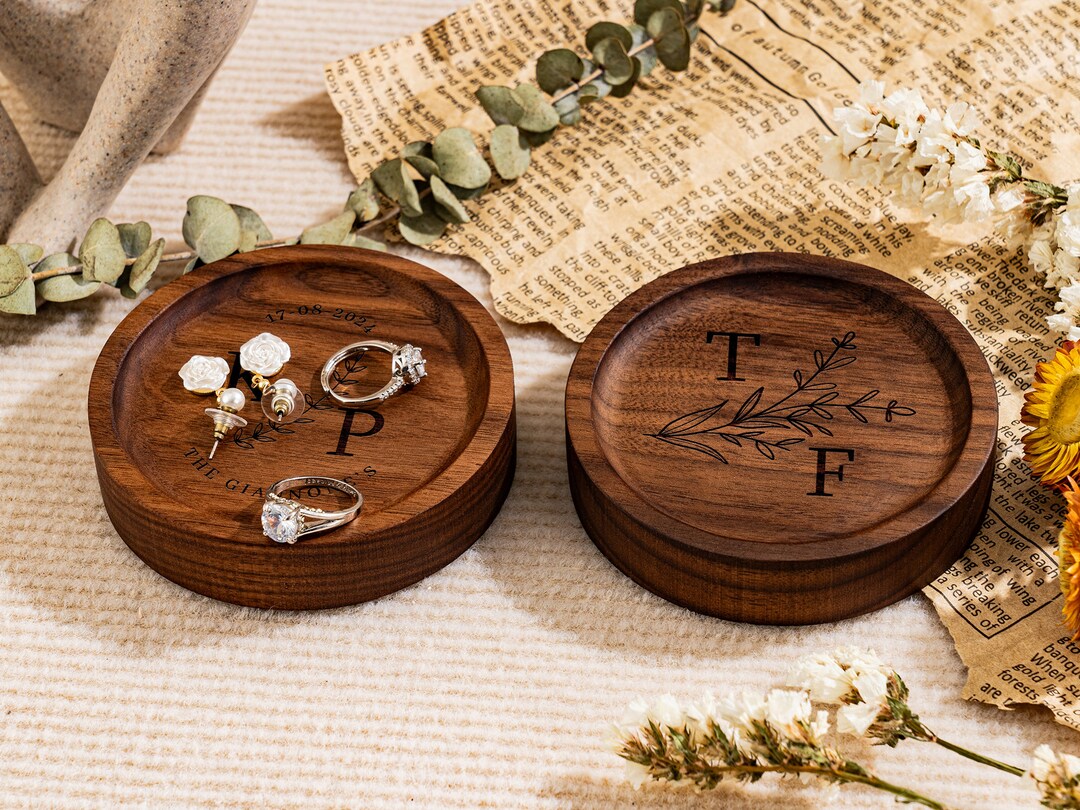 Personalized Round Wood Ring Dish, Custom Engagement Ring Holder ...
