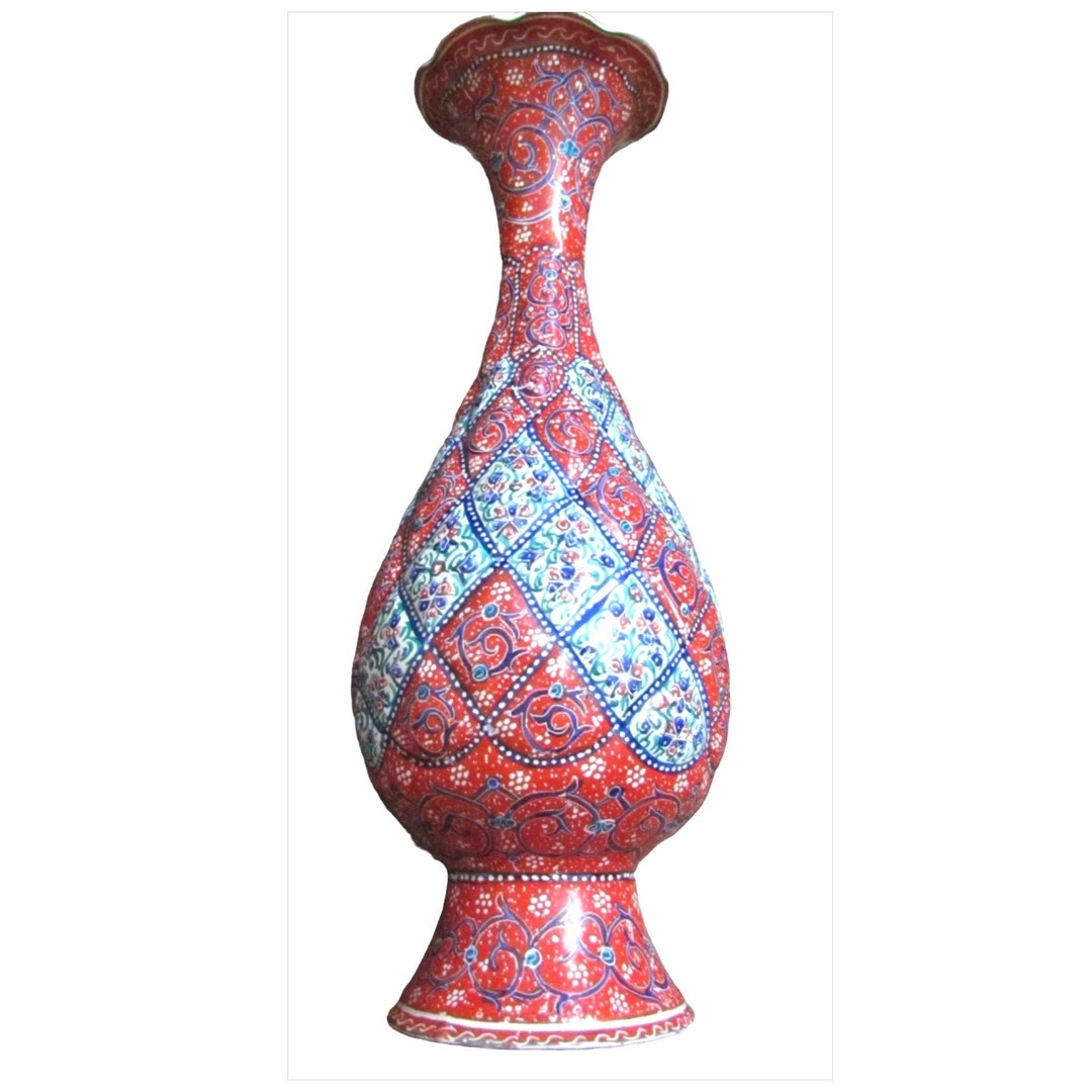 Persian Art Hand-painted Copper Vaseminakarienameled With Geometric ...