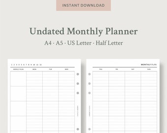 Undated Monthly Planner Template Printable | Month on Two Pages ...