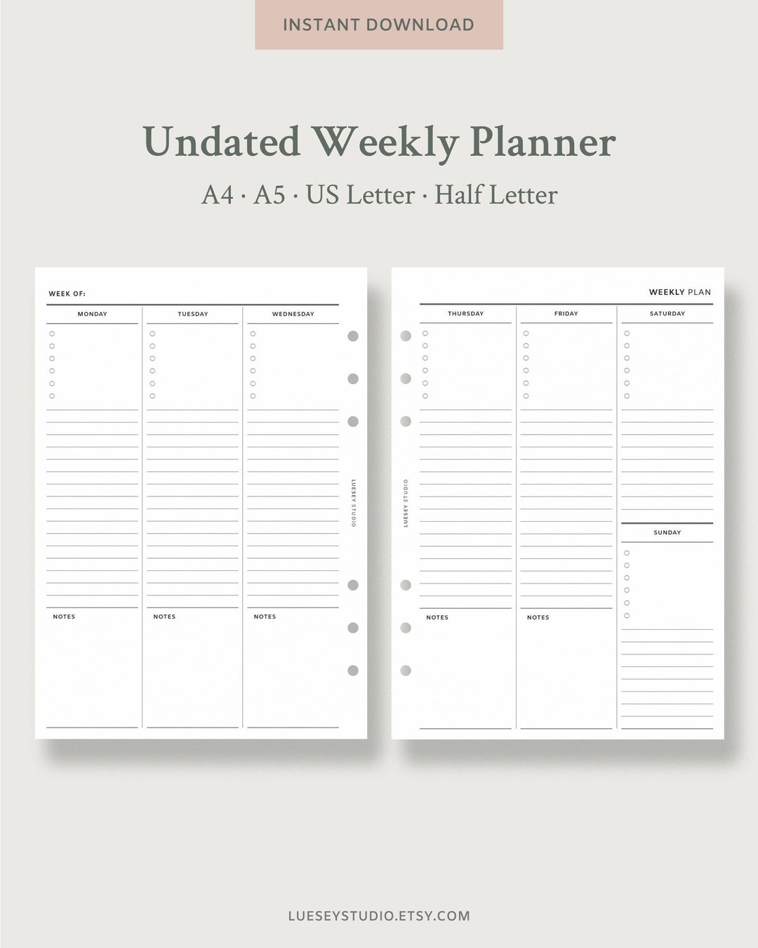 Week on Two Pages | Undated Weekly Planner Template | Weekly Overview ...
