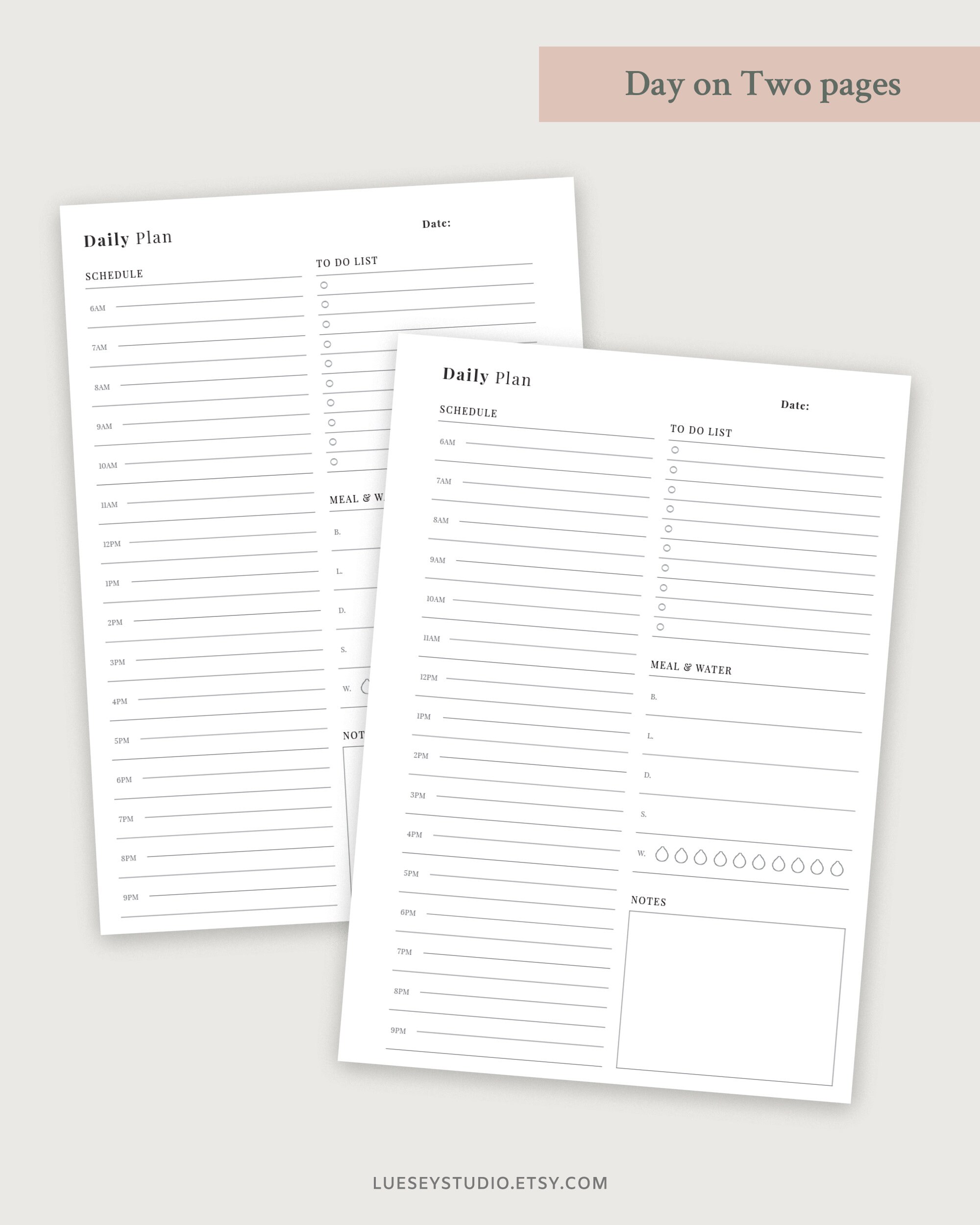 Undated Daily Planner Template Printable | Day on Two Pages | Daily ...