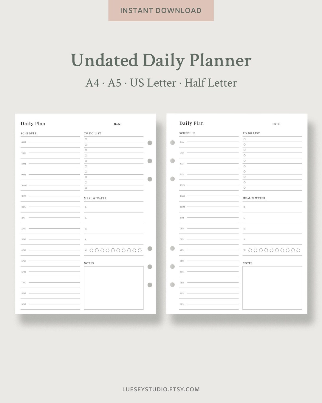 Undated Daily Planner Template Printable | Day on Two Pages | Daily ...