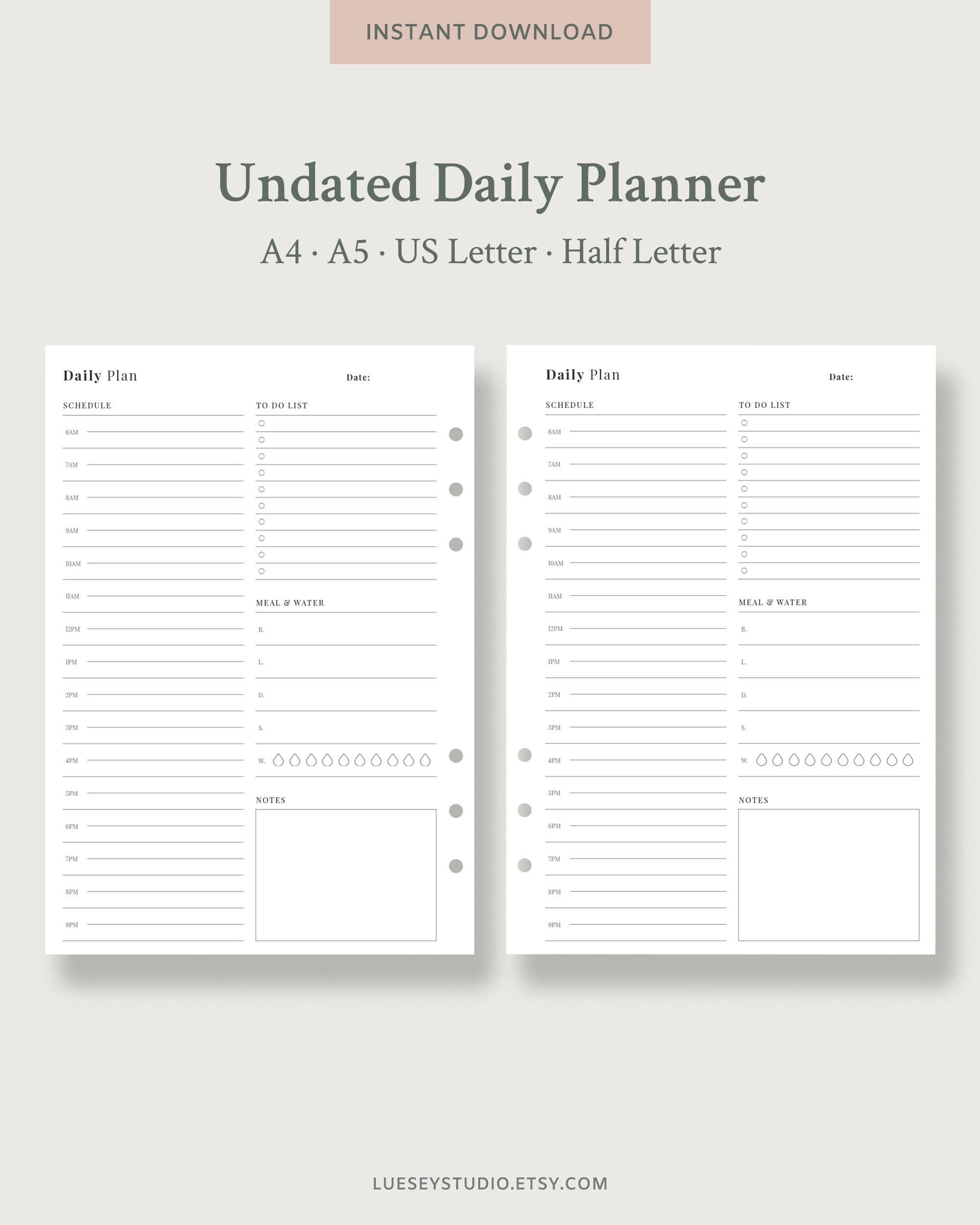 Undated Daily Planner Template Printable | Day on Two Pages | Daily ...