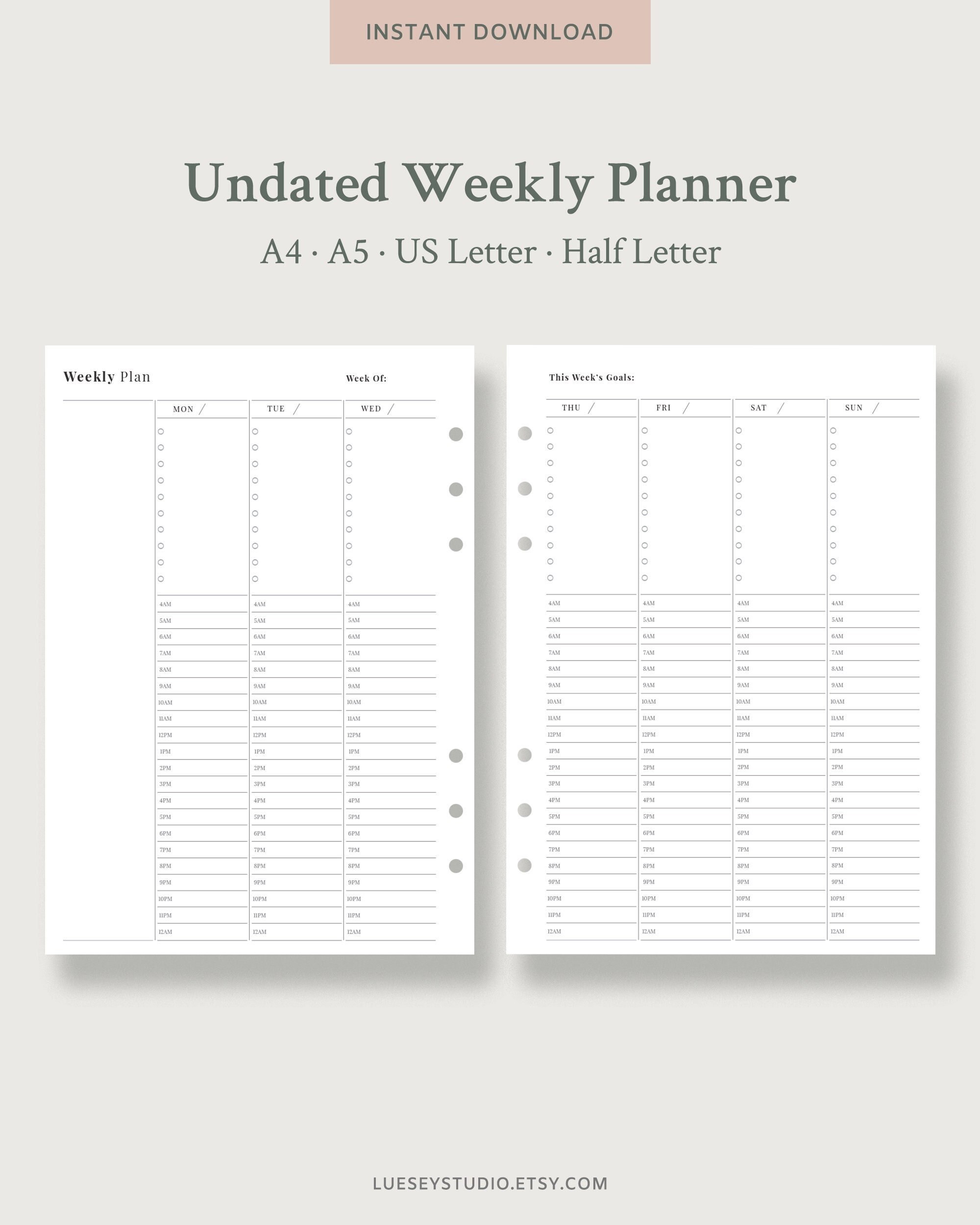 Undated Weekly Planner Template Printable | Week on Two Pages | Weekly ...