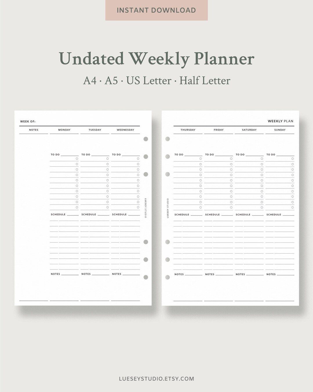 Undated Weekly Planner Template | Weekly Overview to Dos Schedule Notes ...