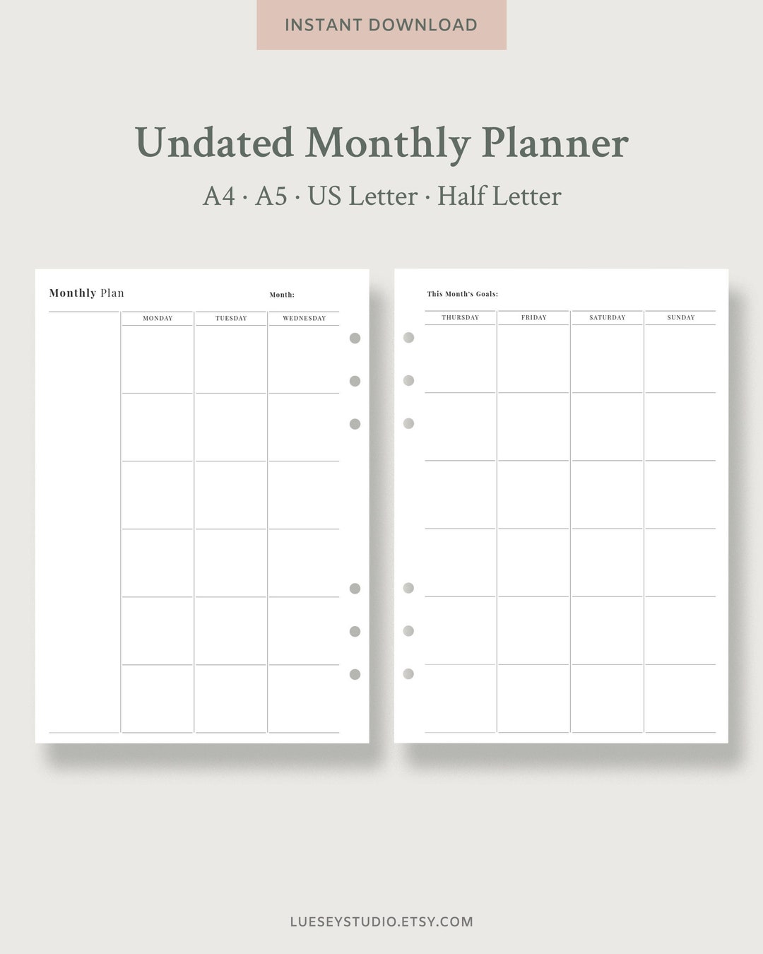 Undated Monthly Planner Template Printable | Month on Two Pages ...