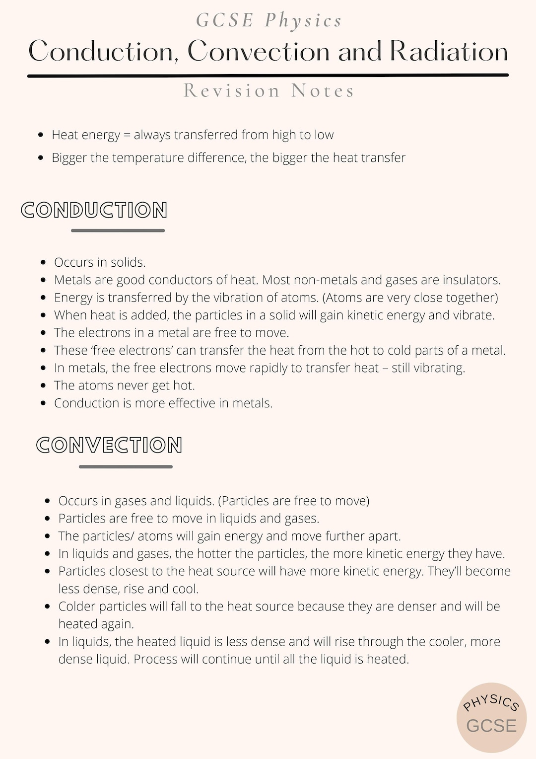 Conduction, Convection and Radiation Notes, GCSE Physics Revision - Etsy