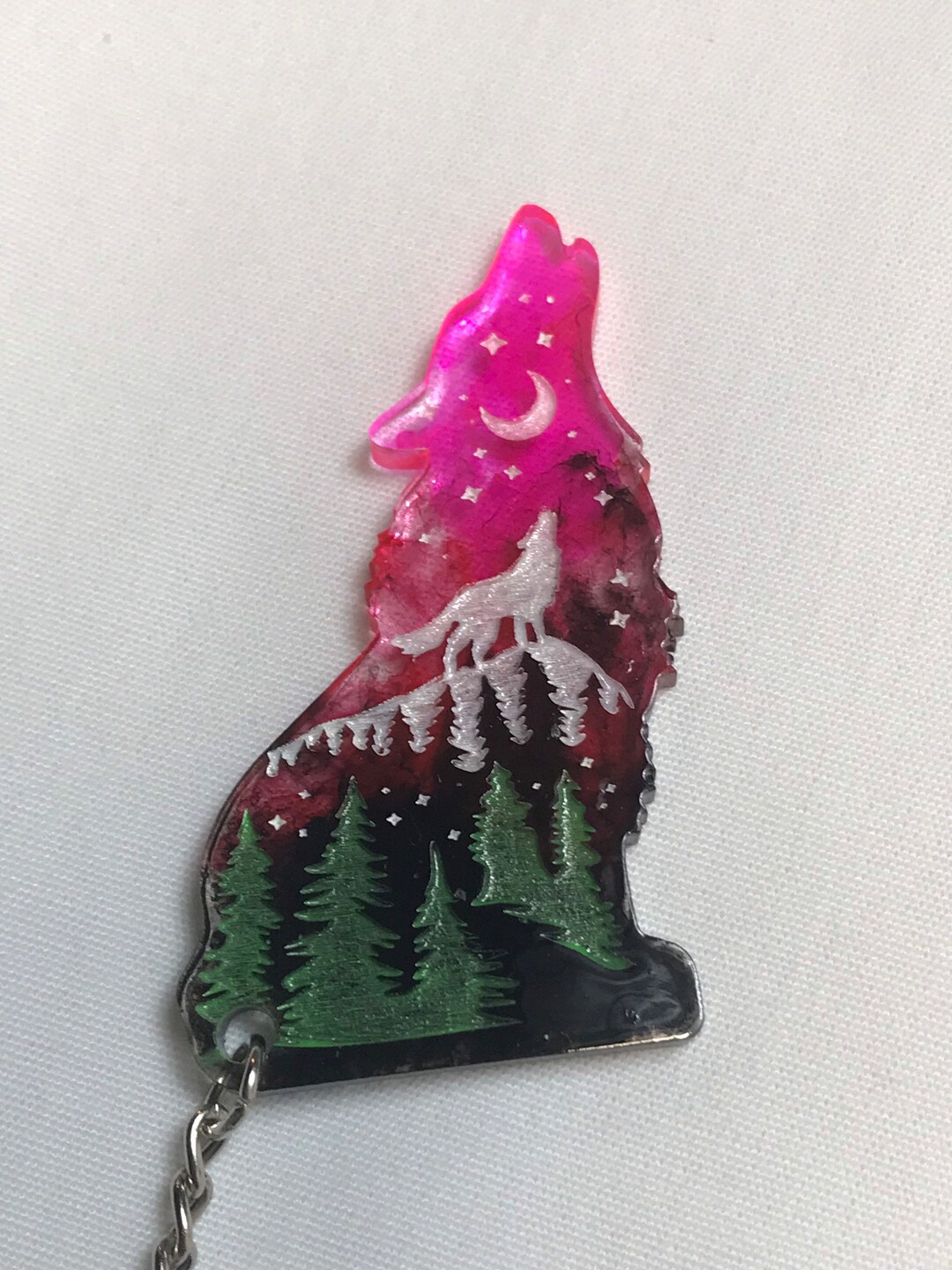 Wolf Keychain, Moon & Stars, Howling at the Moon, Handmade Key Ring ...