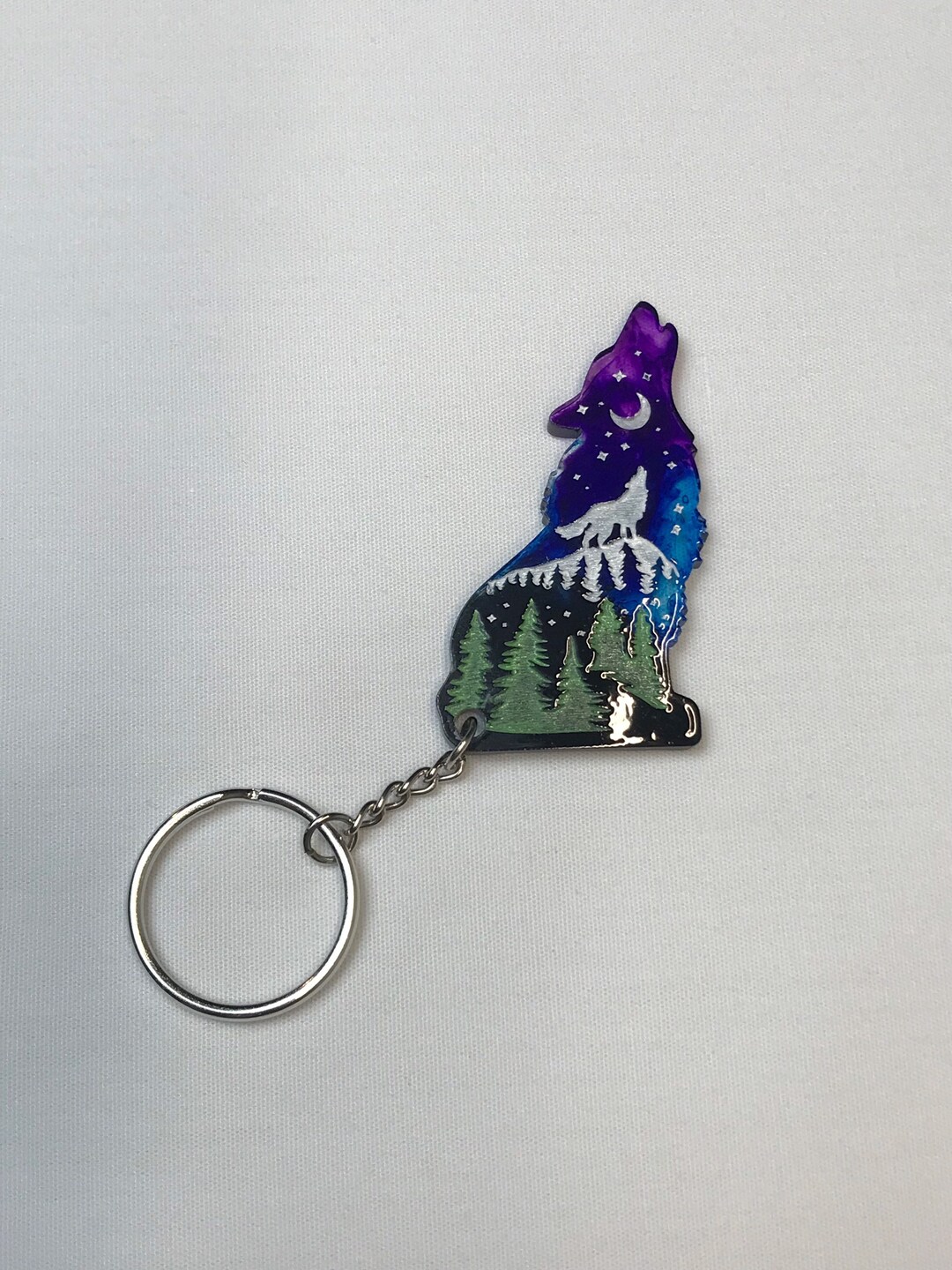 Wolf Keychain Moon & Stars Howling at the Moon Handmade Key - Etsy