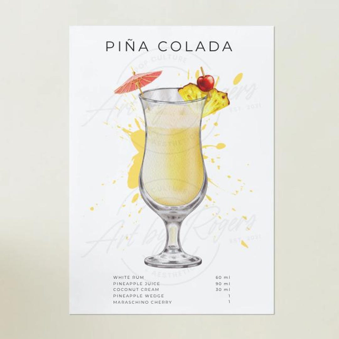 Pina Colada Poster, Pina Colada Recipe, Pina Colada Cocktail Print, Bar ...