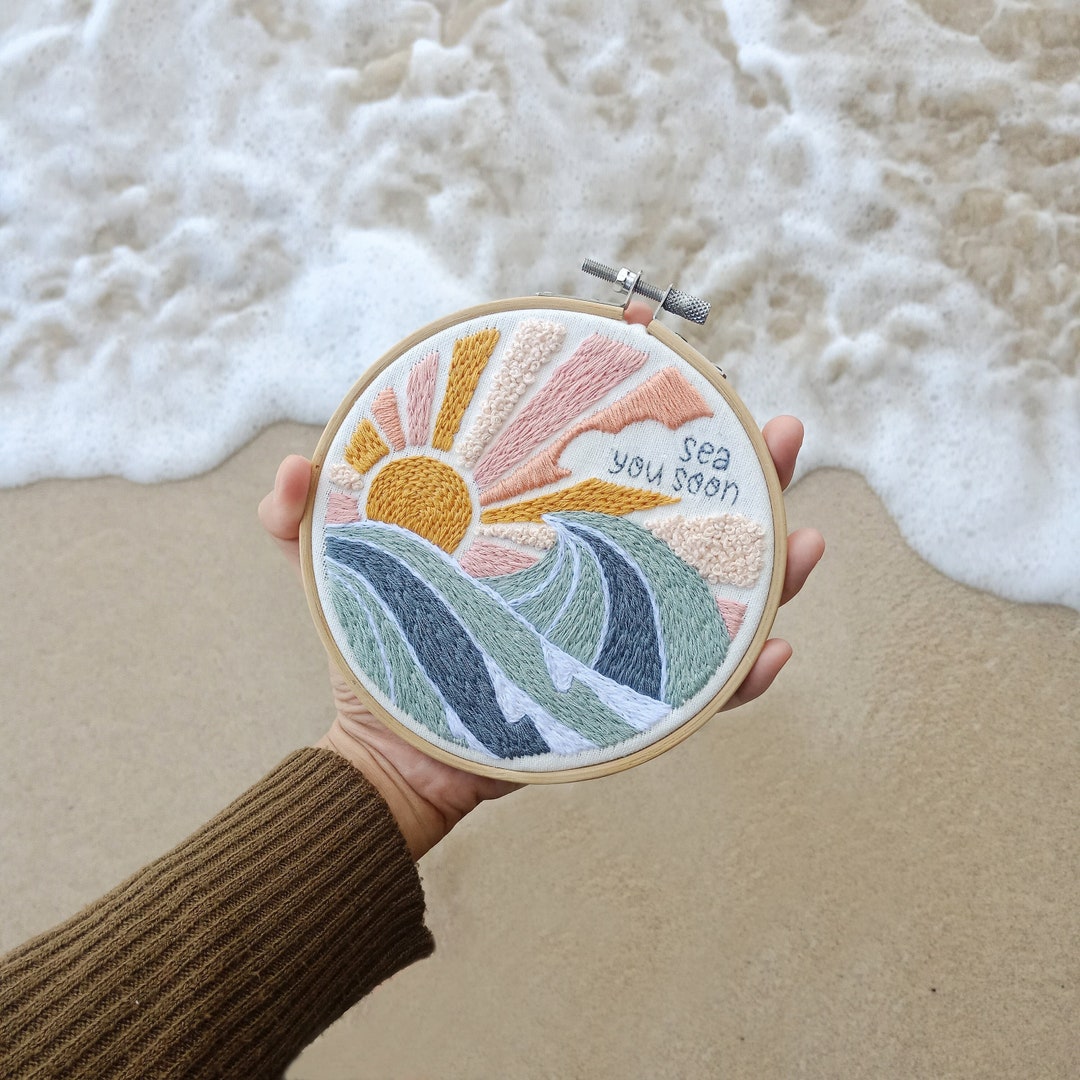 Beach, Wave, & Sunrise Embroidery KIT for Beginner Modern Easy, Fuunny ...