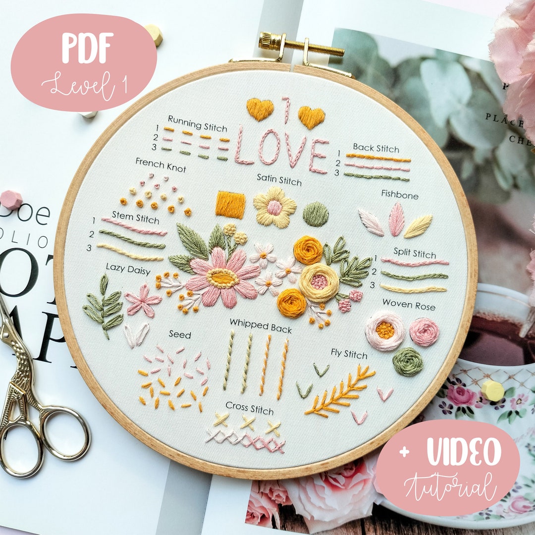Beginner Embroidery PDF Pattern, Level 1, Basic Stitches Tutorial ...