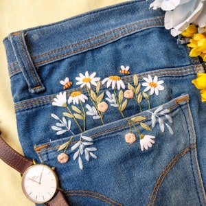 Daisy Flower Embroidery Pattern for Jeans: Beginner DIY (PDF Pattern ...