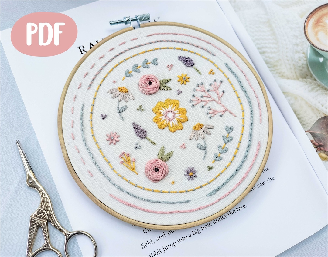 Beginner Embroidery Flower PDF Pattern, Basic Stitches Tutorial,+video ...