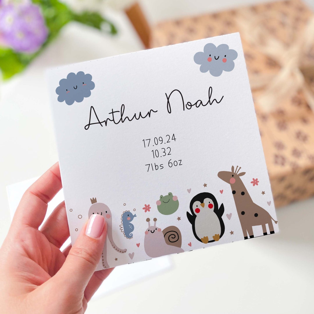 New Baby Card With Name Date Height Weight Gift Card Baby Boy Girl Cute ...