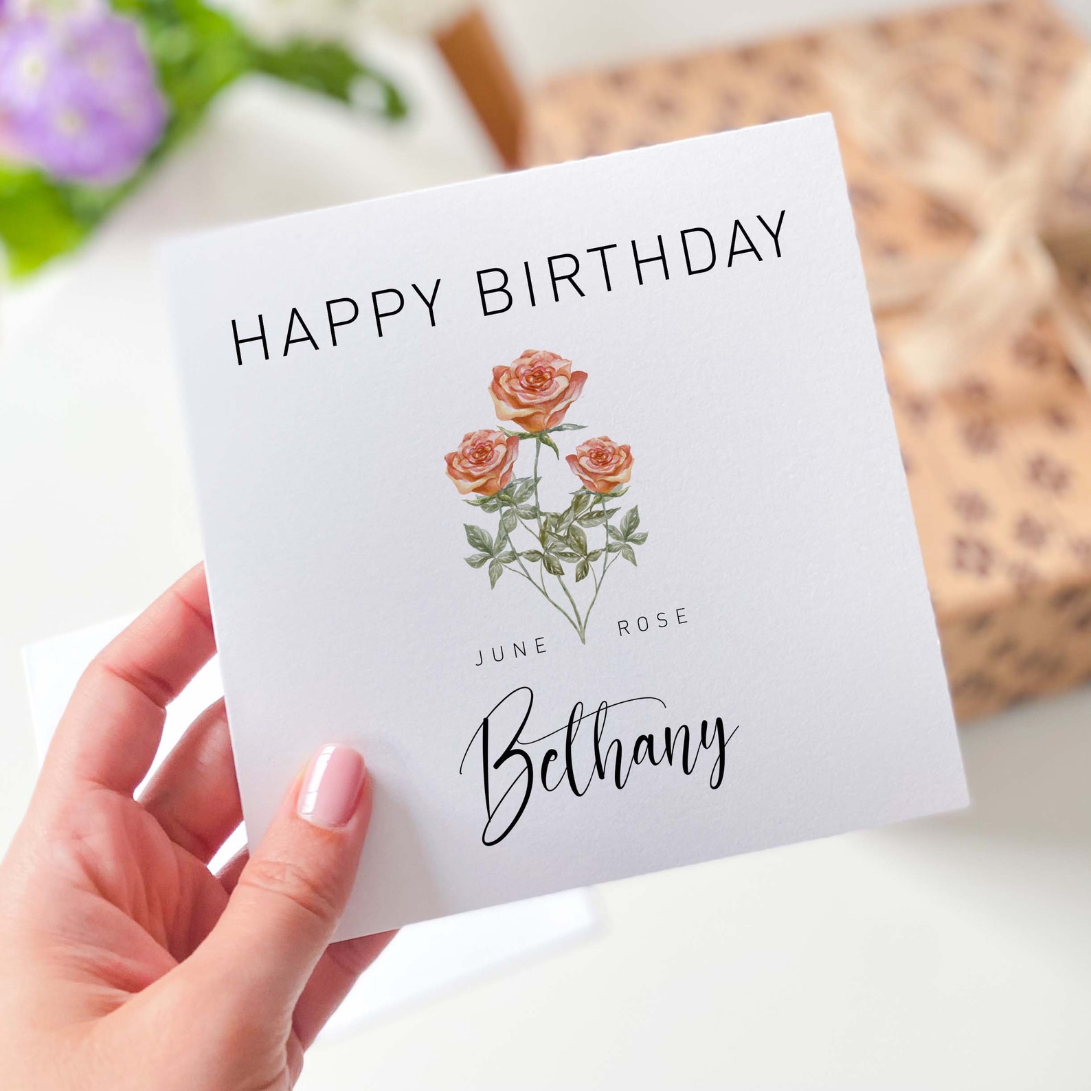 June Birthday Card Rose Birth Flower Card for Born in June Personalised ...