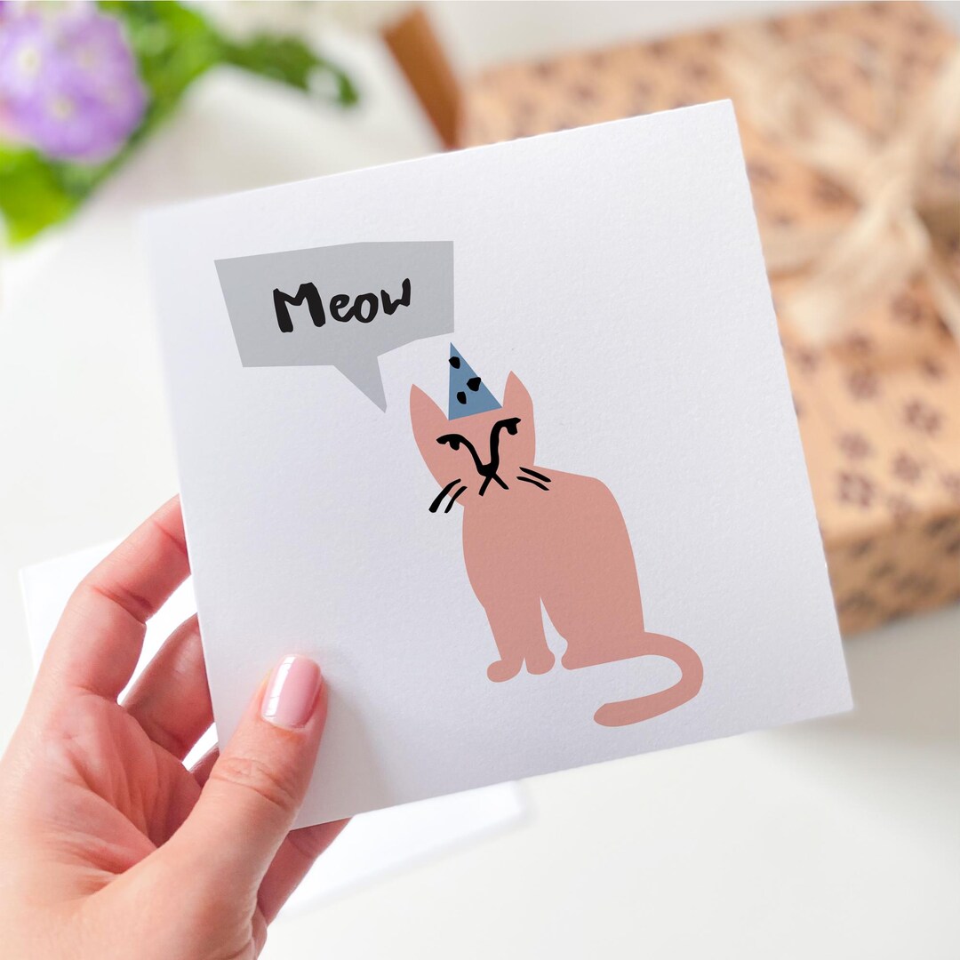 Cat Birthday Card Funny Meow Text Party Cat Cute Animal Art Card for ...
