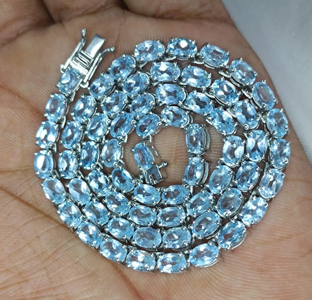 Natural Swiss Blue Topaz Tennis Necklace in Sterling Silver. December ...
