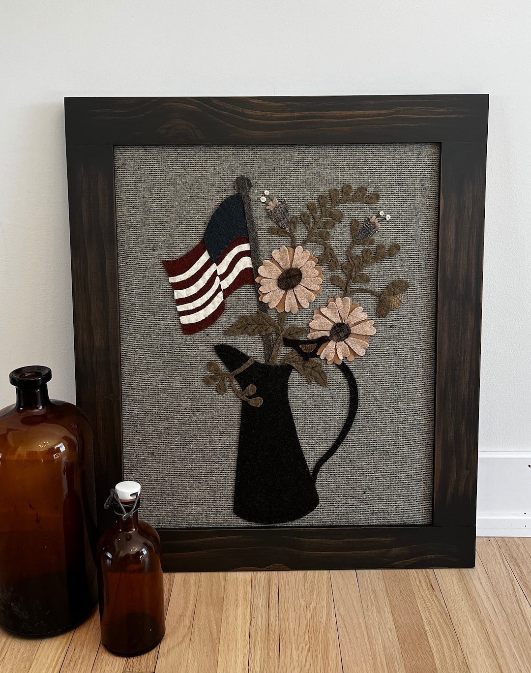 Framed Patriotic Pitcher Vase With American Flag and Flowers, Handmade ...