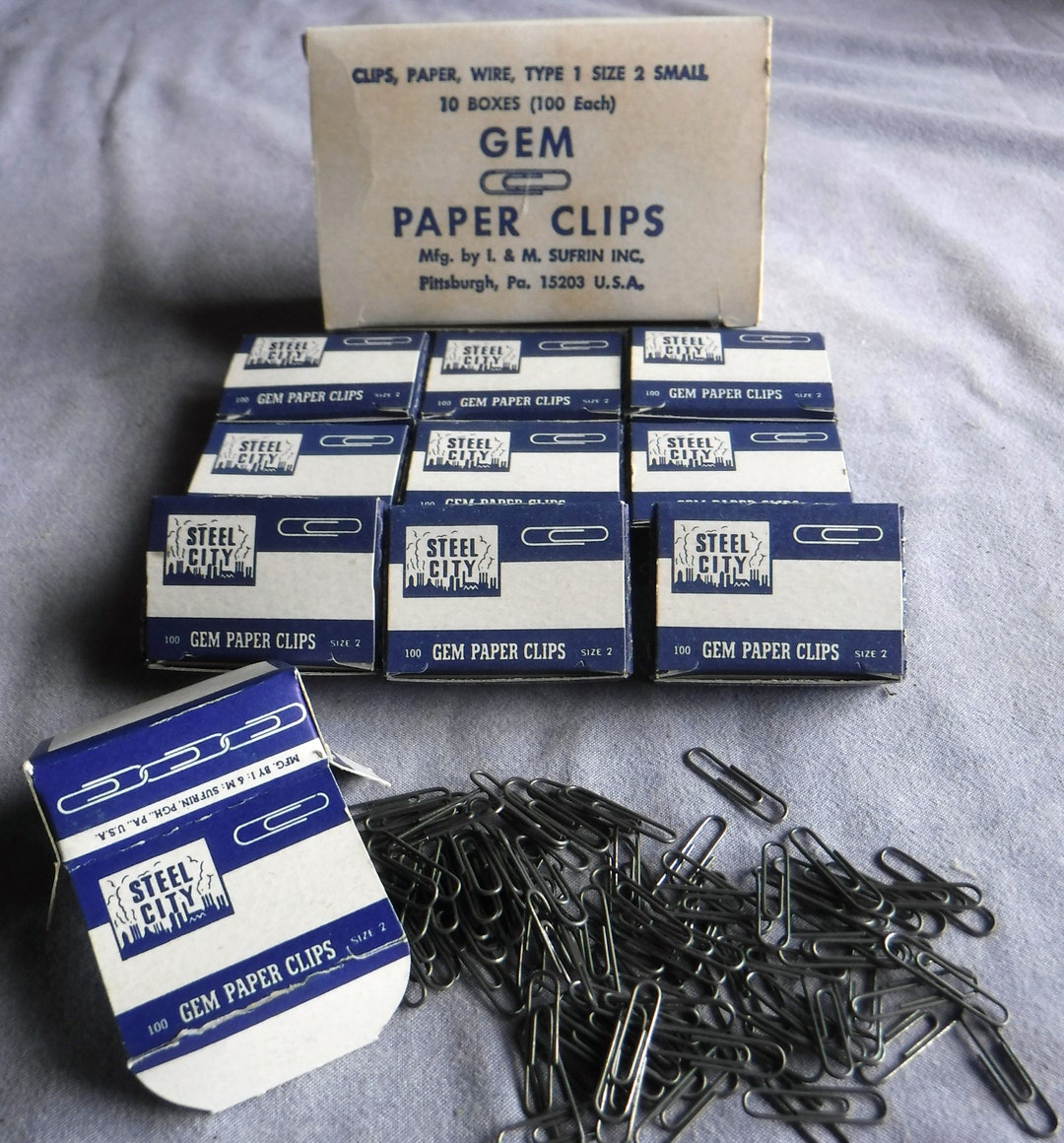 Vintage NOS Steel City Gem Paper Clips Type 1 Size 2 10 Boxes of 100 ...