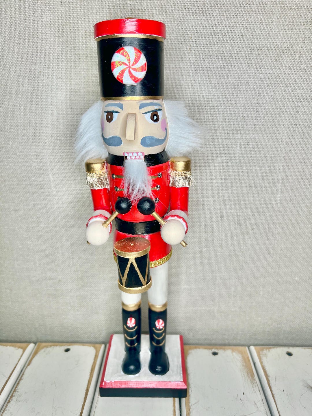 13.75” Handmade Peppermint Red, Black & Gold Nutcracker• Drummer ...