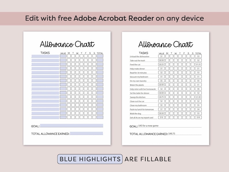 Allowance Chart for Kids Chore Chart for Teens Allowance Tracker ...