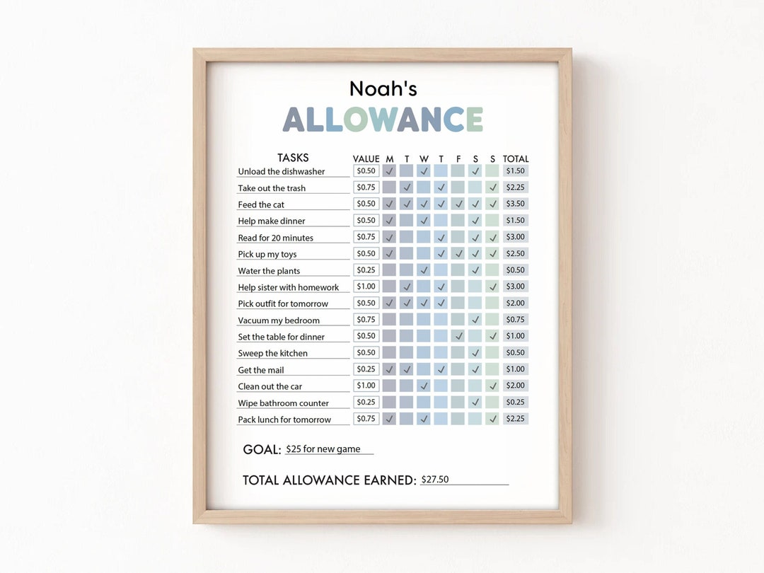 Allowance Chore Chart Printable Allowance Chart for Kids - Etsy