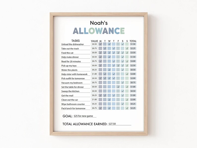 Allowance Chore Chart Printable Allowance Chart for Kids - Etsy