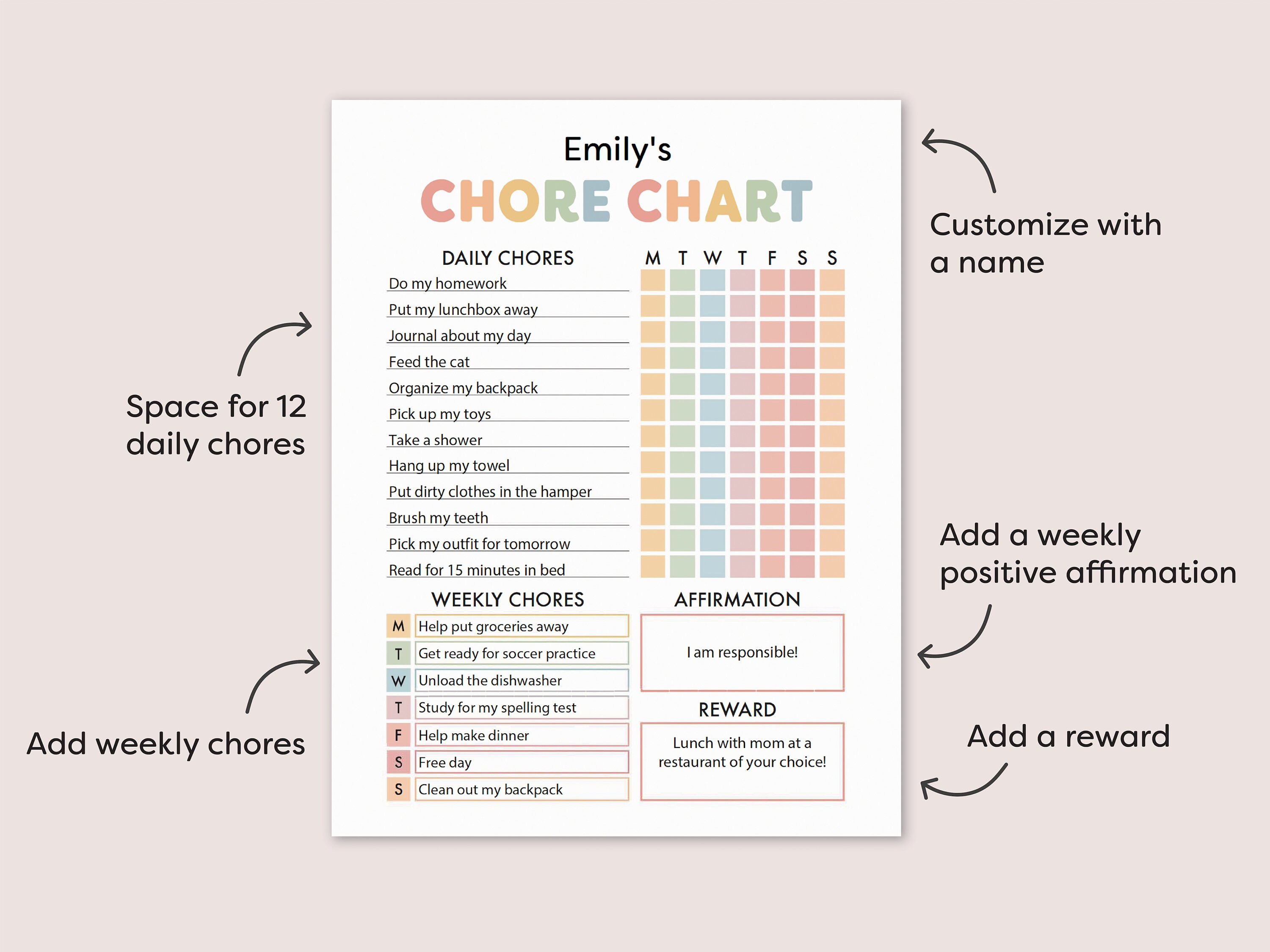 Chore Chart for Kids Printable Editable Chore Chart Template - Etsy