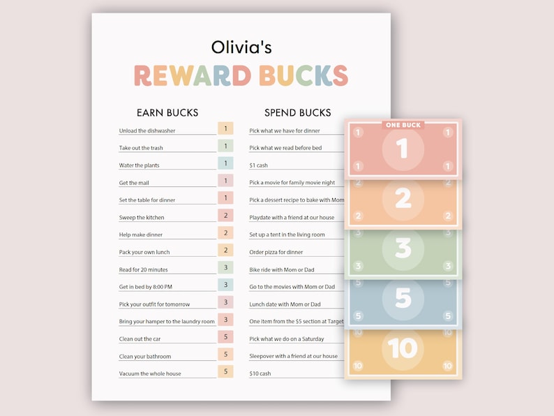 Reward Bucks for Kids | Printable Reward Bucks Chart, Behavior, Chores ...