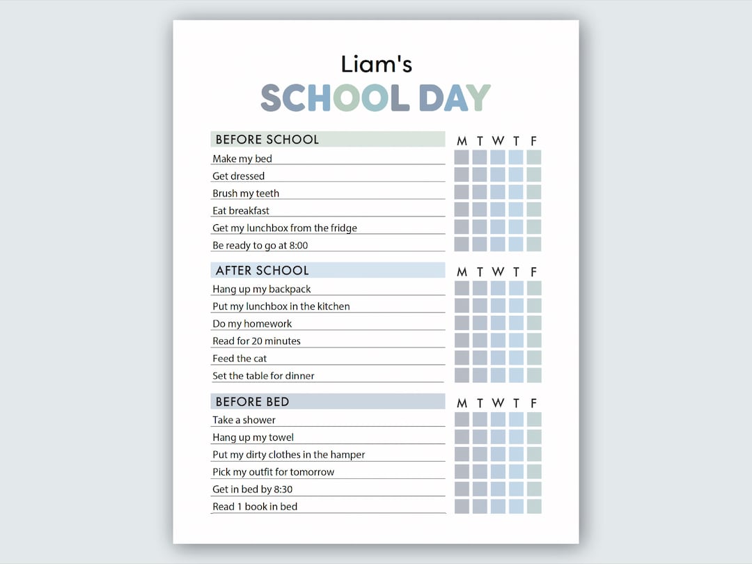 Kids Daily School Checklist | School Day Checklist Boys, Blue After ...