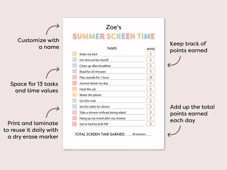 Summer Screen Time Checklist Editable Screen Time Chart Kids Summer ...