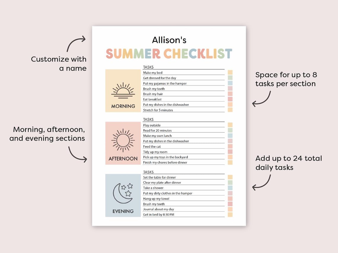 Kids Summer Routine Checklist Printable Routine Chart for Kids Summer ...