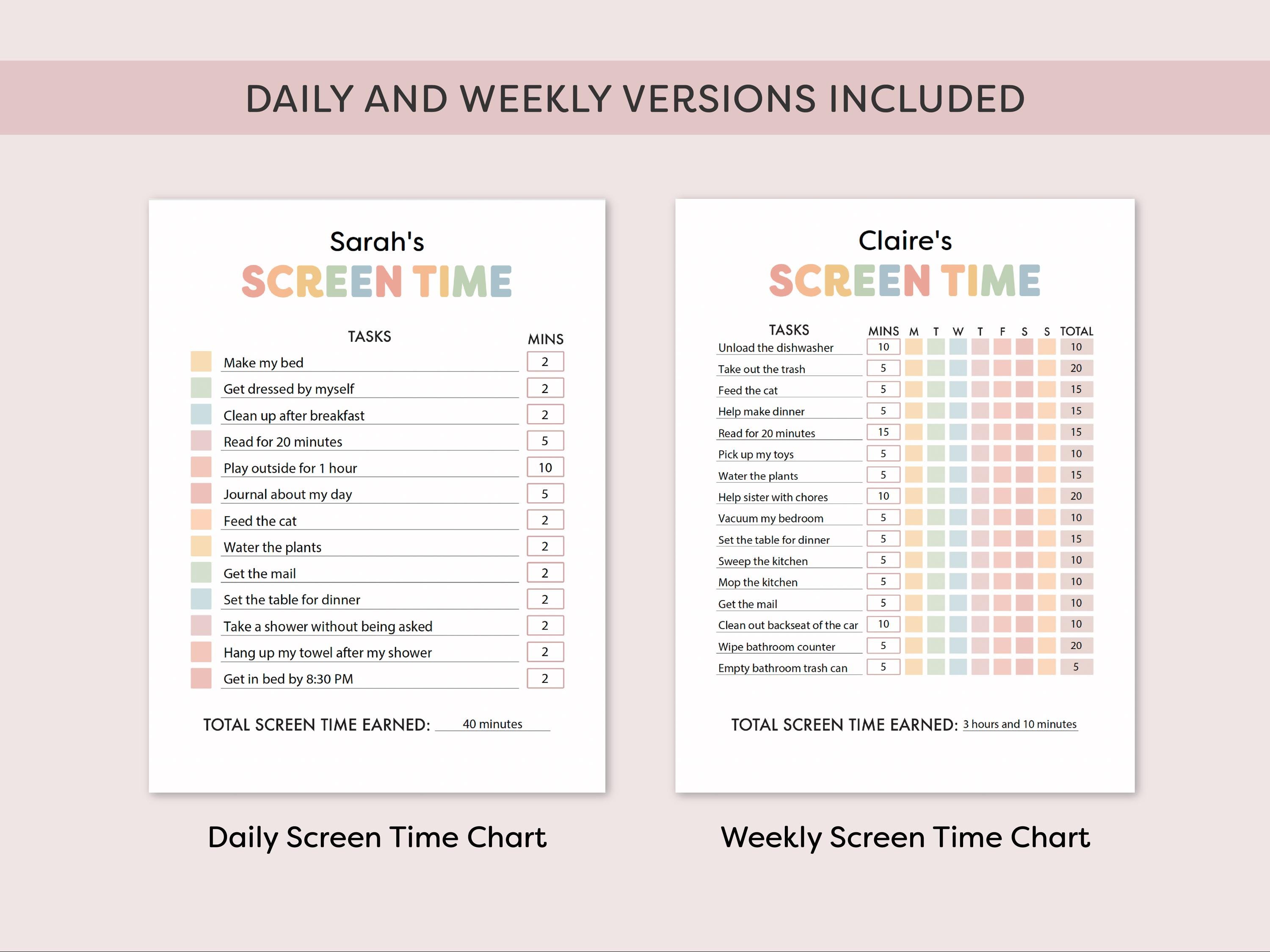 Screen Time Chart for Kids Screen Time Management Screen Time Tracker ...