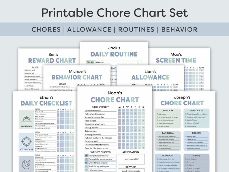 Editable Chore Charts for Kids | Blue Printable Set: Behavior ...