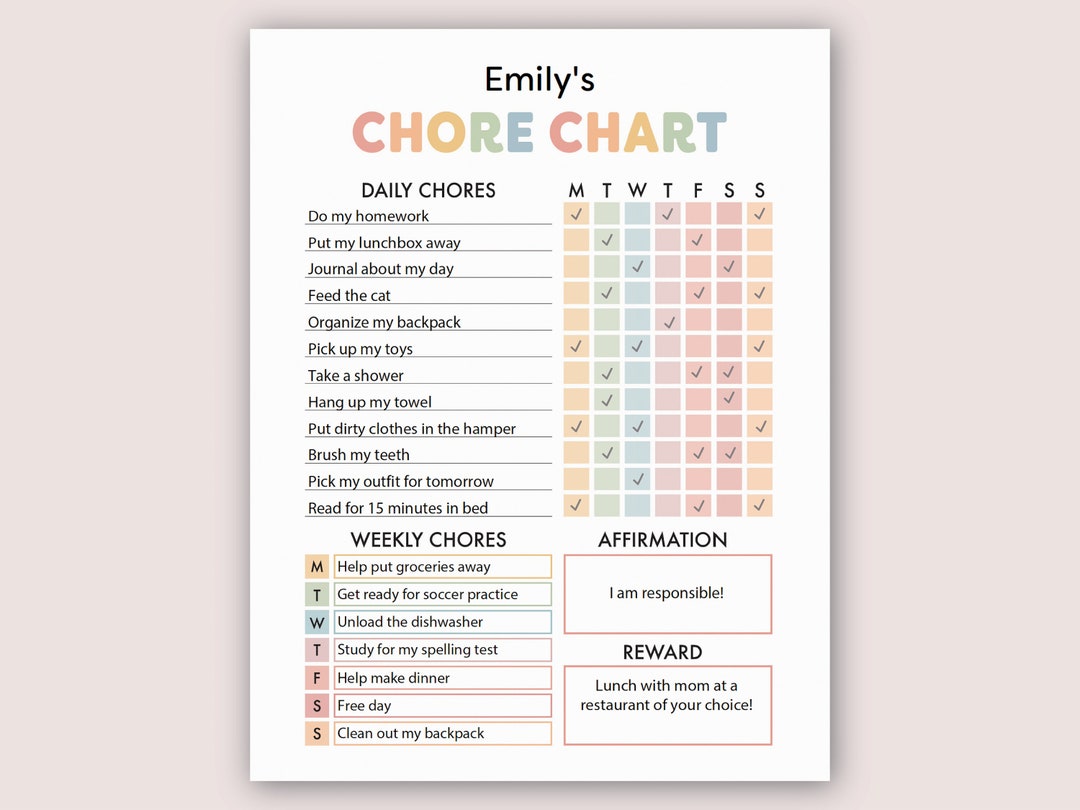 Chore Chart for Kids Printable Editable Chore Chart Template Kids Chore ...