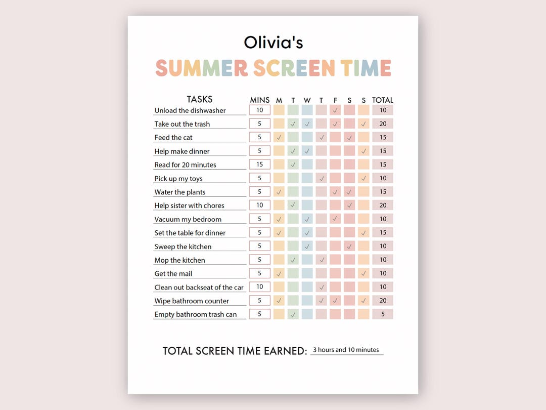 Summer Screen Time Checklist Editable Screen Time Chart Kids Summer ...