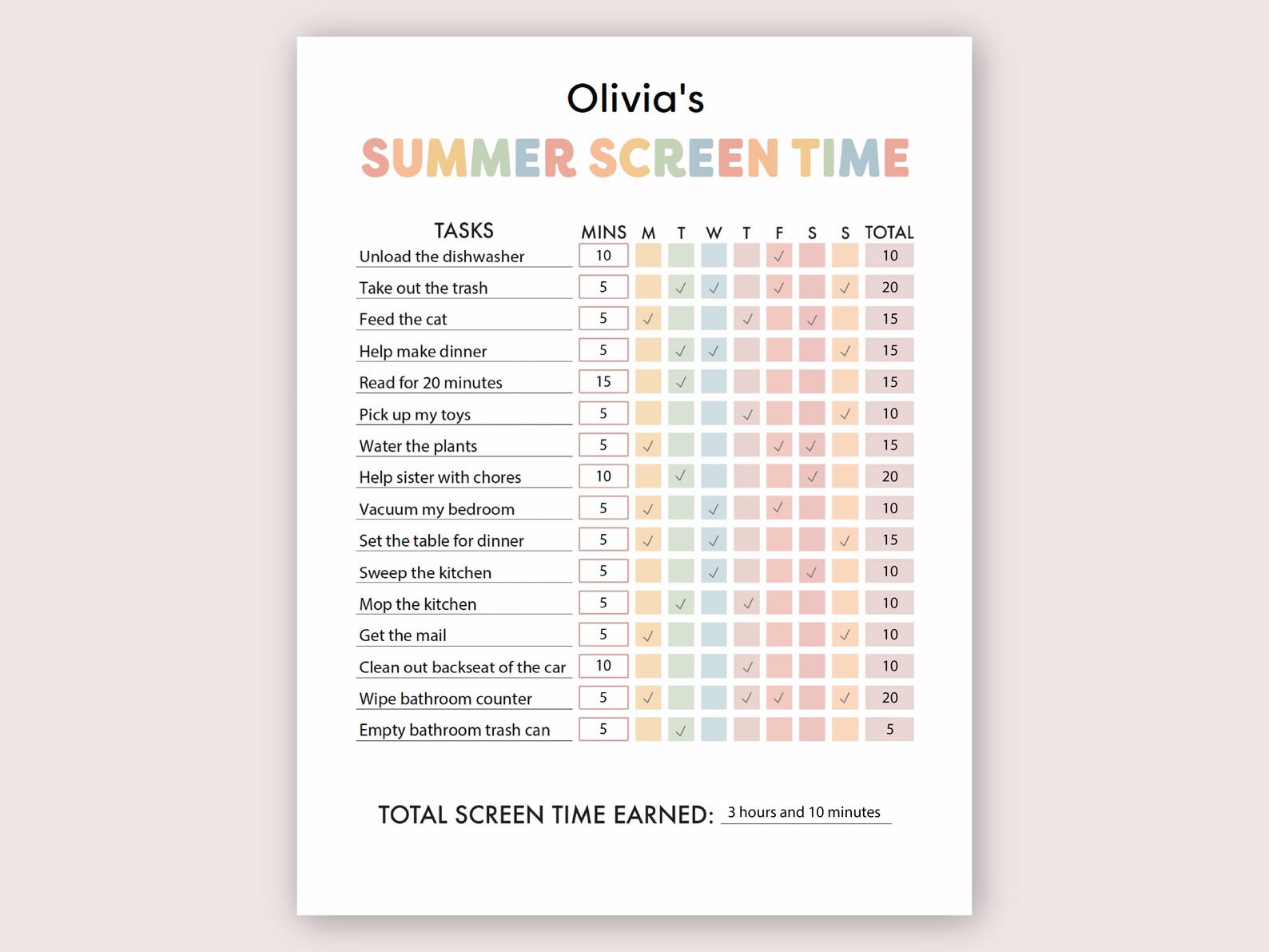 Summer Screen Time Checklist Editable Screen Time Chart Kids Summer ...