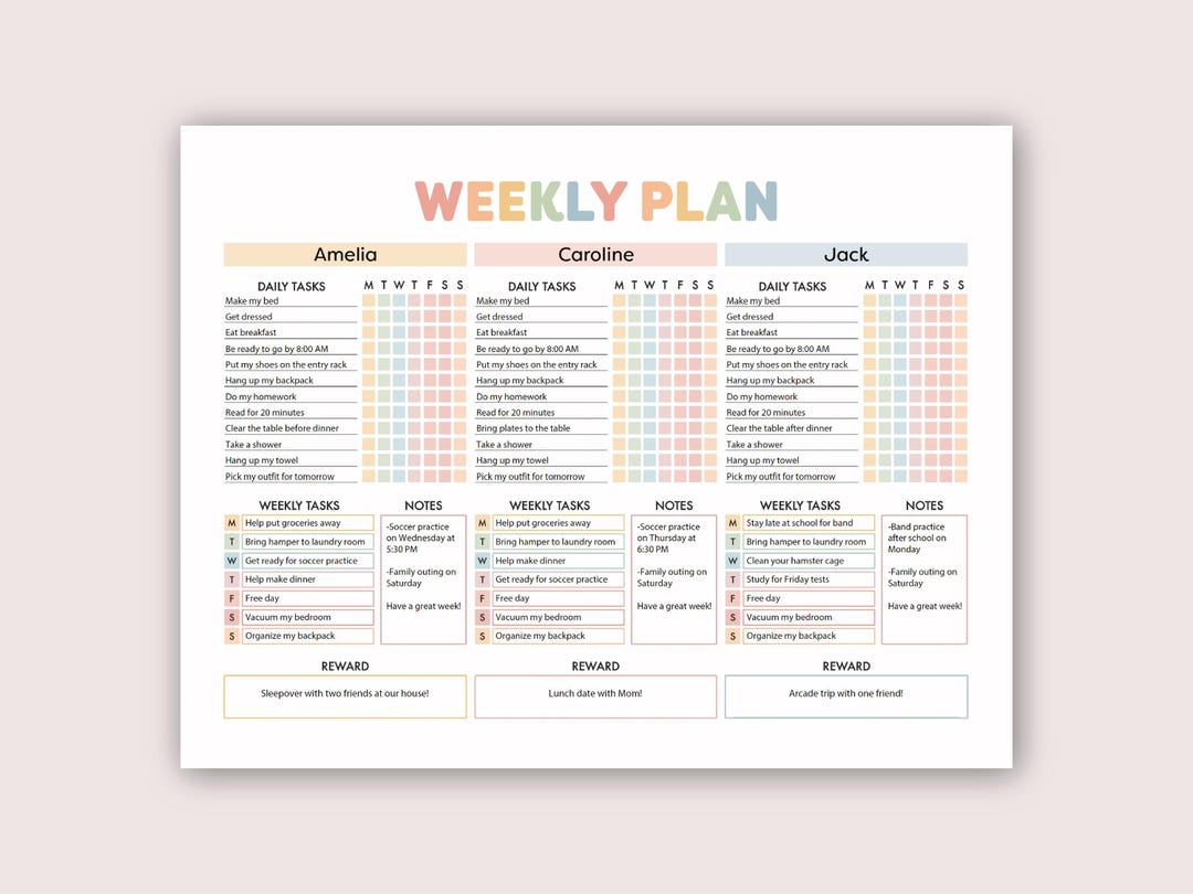 3 Kid Chore Chart Printable 3 Kids Chore Chart Editable 3 Person Chore ...