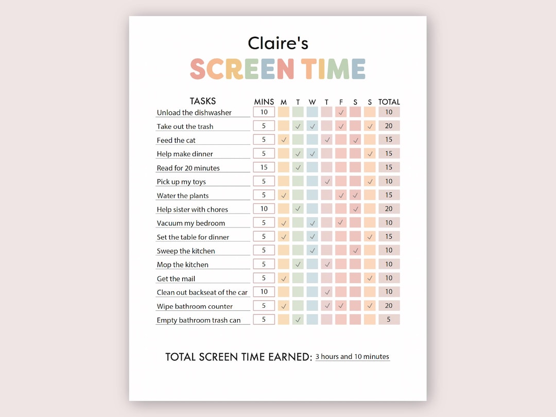 Screen Time Chart for Kids Screen Time Management Screen Time Tracker Screen Time Check List ...