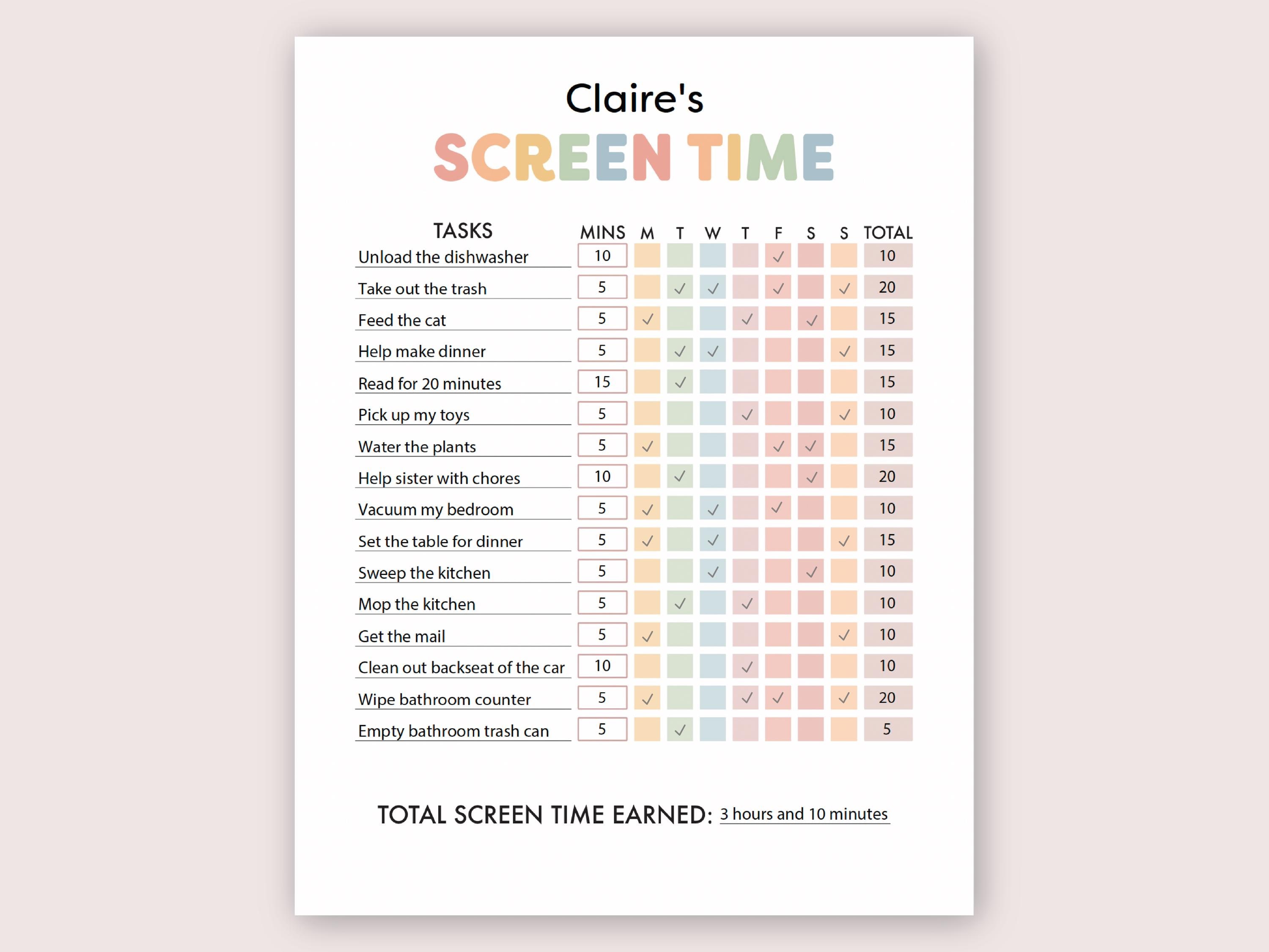 Screen Time Chart for Kids Screen Time Management Screen Time Tracker ...