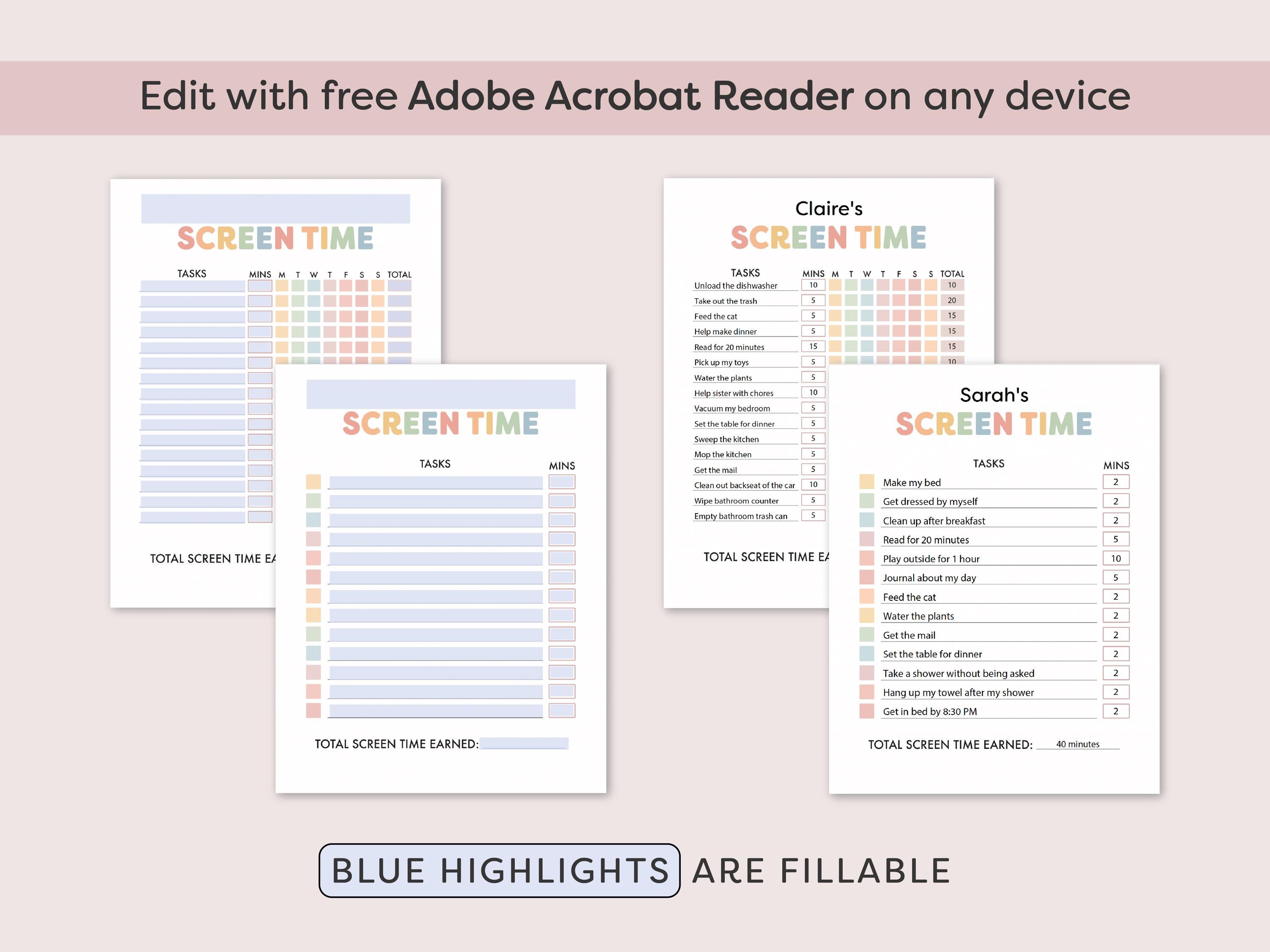 Screen Time Chart for Kids Screen Time Management Screen Time Tracker ...