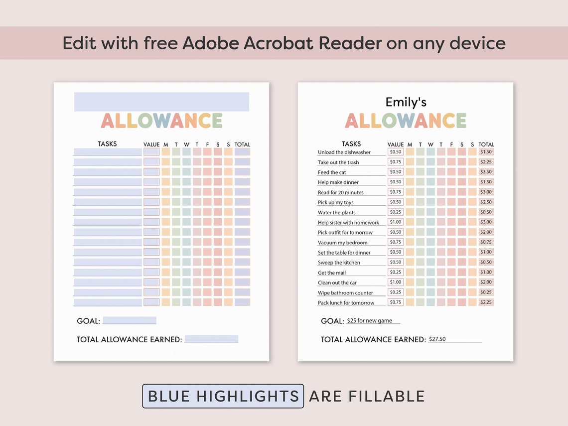 Allowance Chart for Kids Allowance Chore Chart Printable Allowance ...