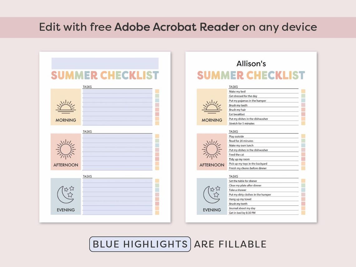 Kids Summer Routine Checklist Printable Routine Chart for Kids Summer ...