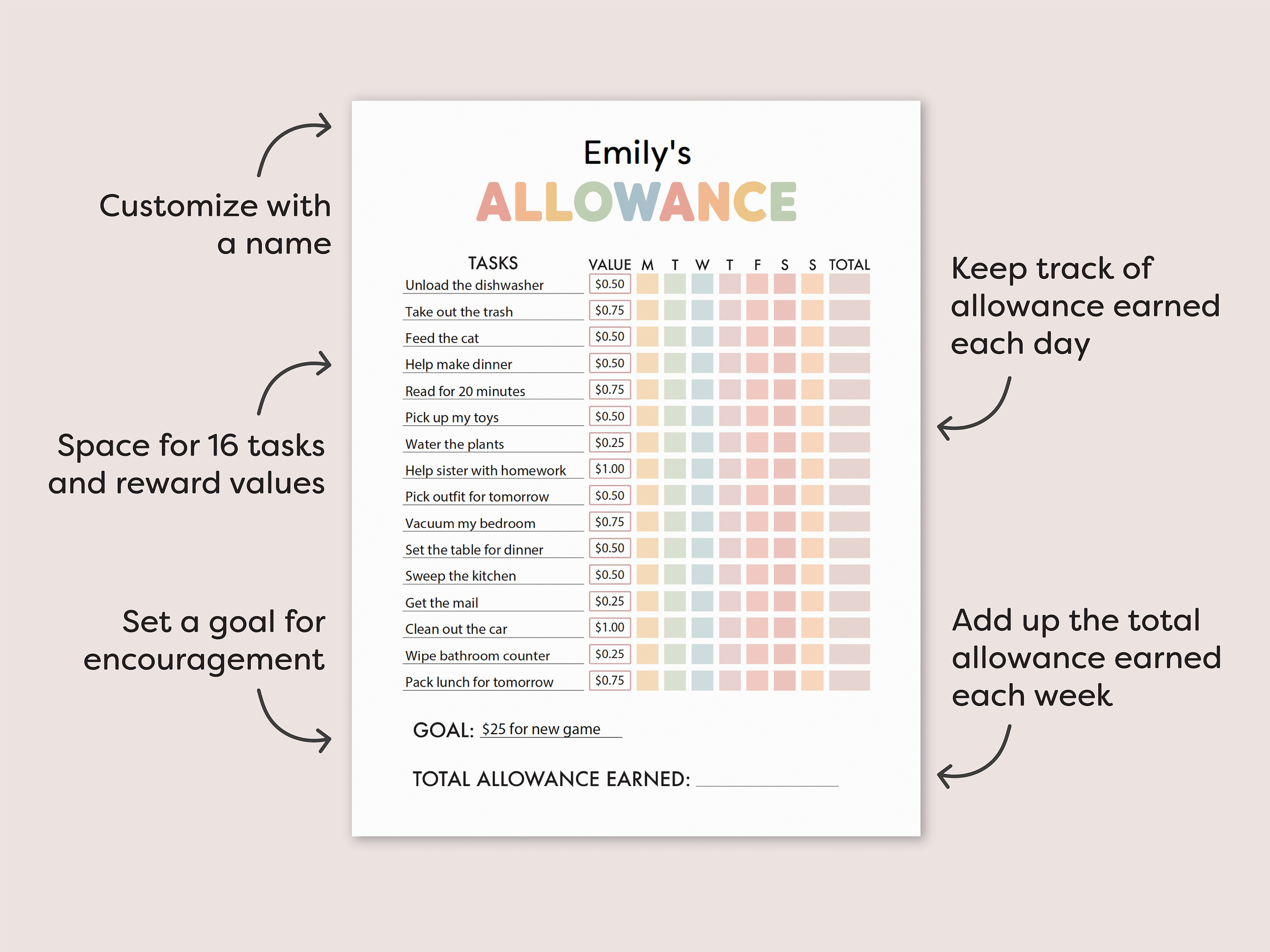 Allowance Chart for Kids Allowance Chore Chart Printable Allowance ...