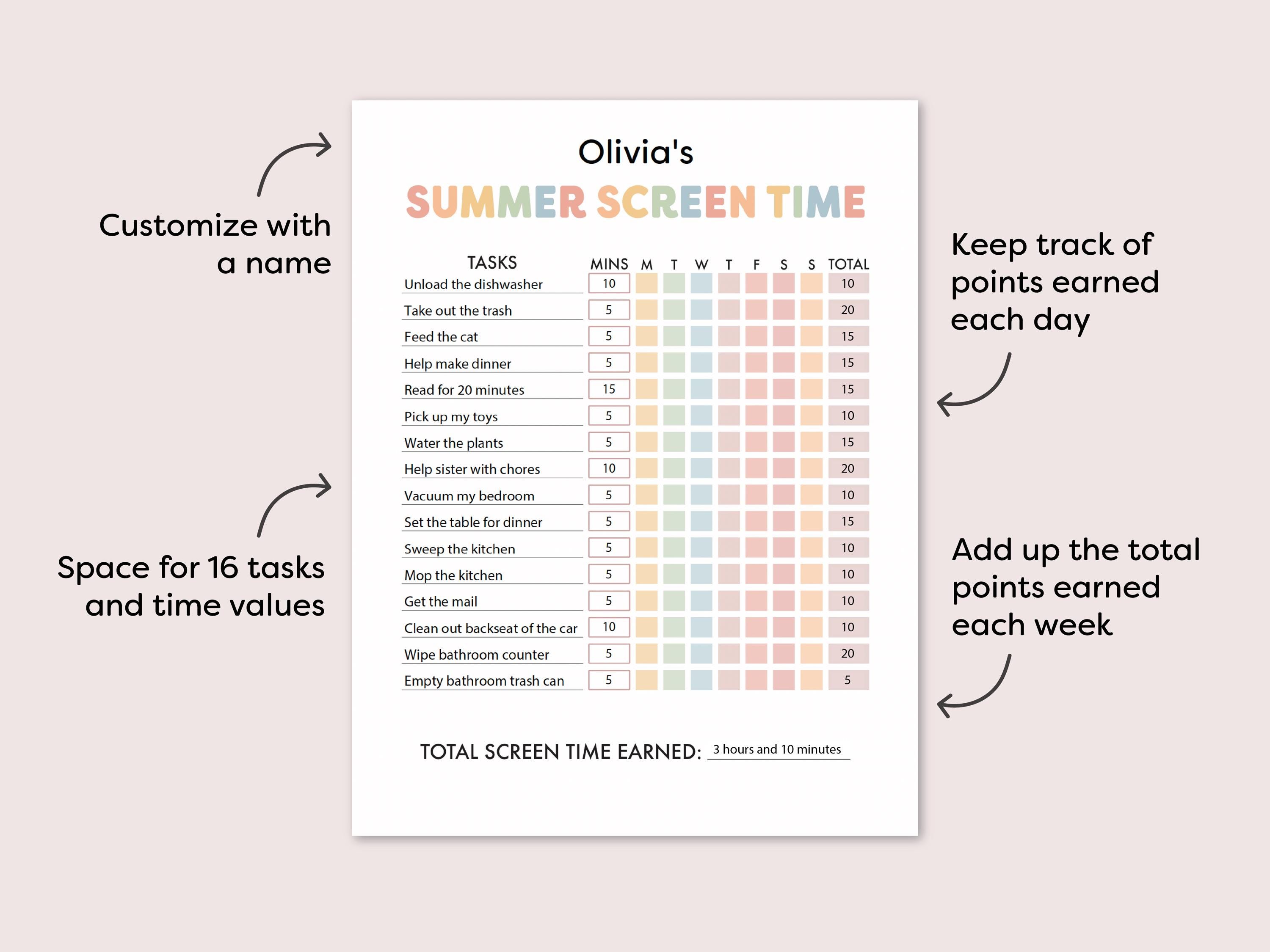Summer Screen Time Checklist Editable Screen Time Chart Kids Summer ...